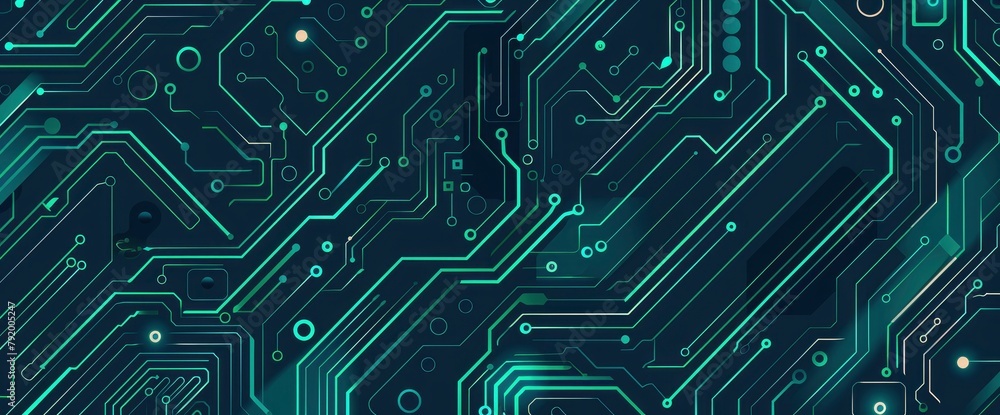 illustration of circuit board pattern, simple lines, flat design, teal ...