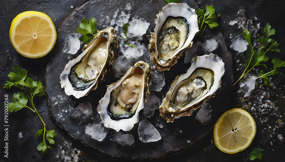 Austern, neu, schiefer, close up, zitrone, gekühlt, eis, grau, top view ...