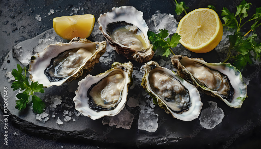 Austern, neu, schiefer, close up, zitrone, gekühlt, eis, grau, top view ...