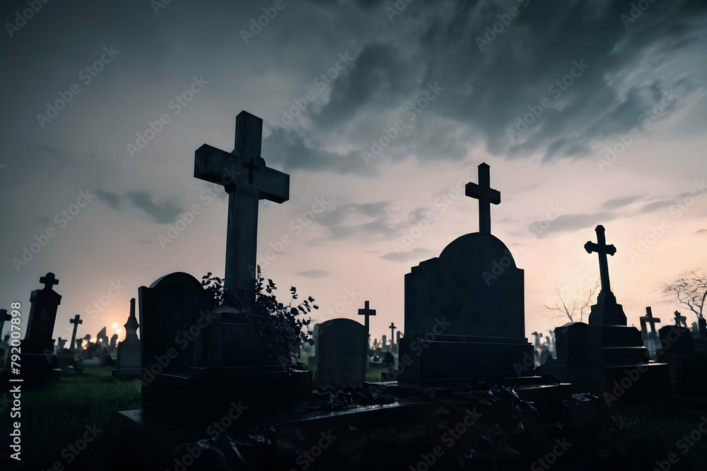 Cemetery or graveyard in the night with dark sky. Headstone and cross ...