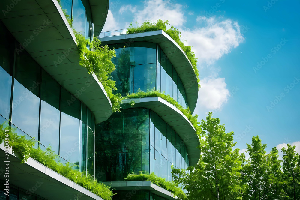 Eco-friendly building in the modern city. Sustainable glass office ...