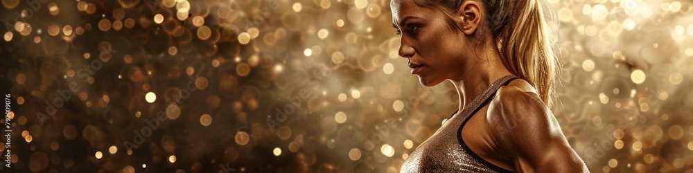 Gold glitter on bodybuilder woman body. Web banner female on the left ...