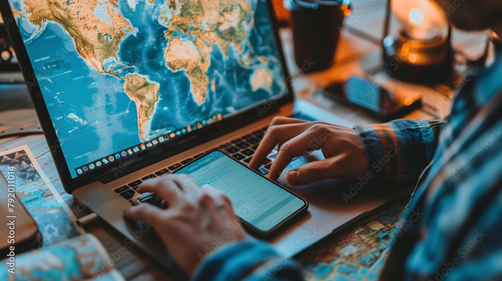 Travel planning with digital tools on world map background. Stock Photo ...