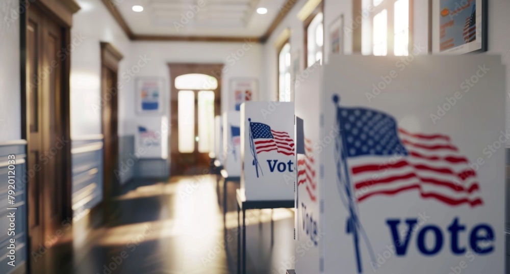 "Vote" signs on the walls featuring USA flags and white background ...