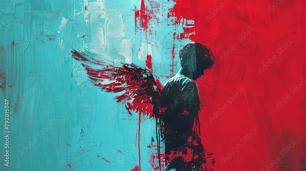 A fallen angel with outstretched wings and a sword in his hand. A ...