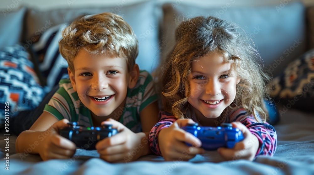 two children playing a video game on a couch together with remote ...