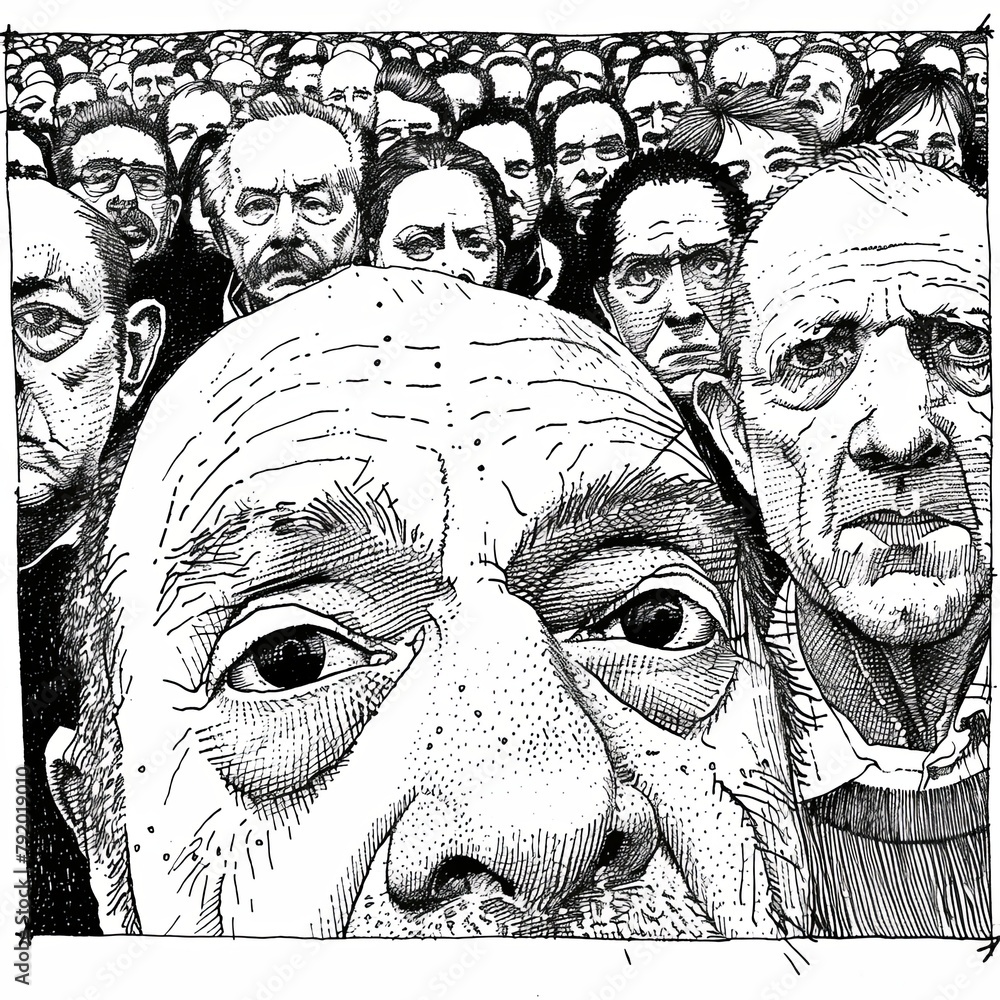 The black and white drawing shows a crowd of people and we see many of ...