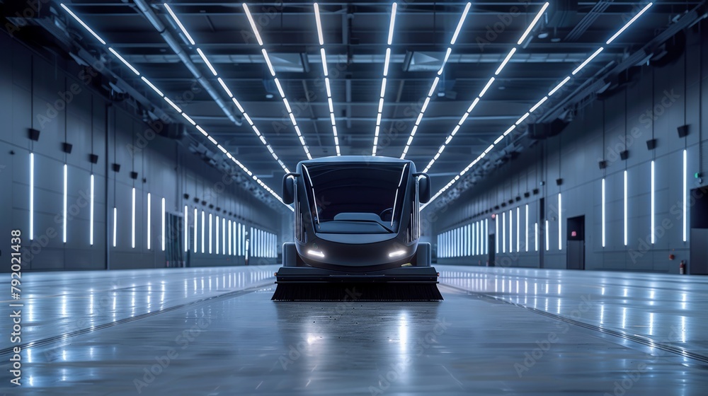 Sleek autonomous electric bus in futuristic hangar with blue neon ...