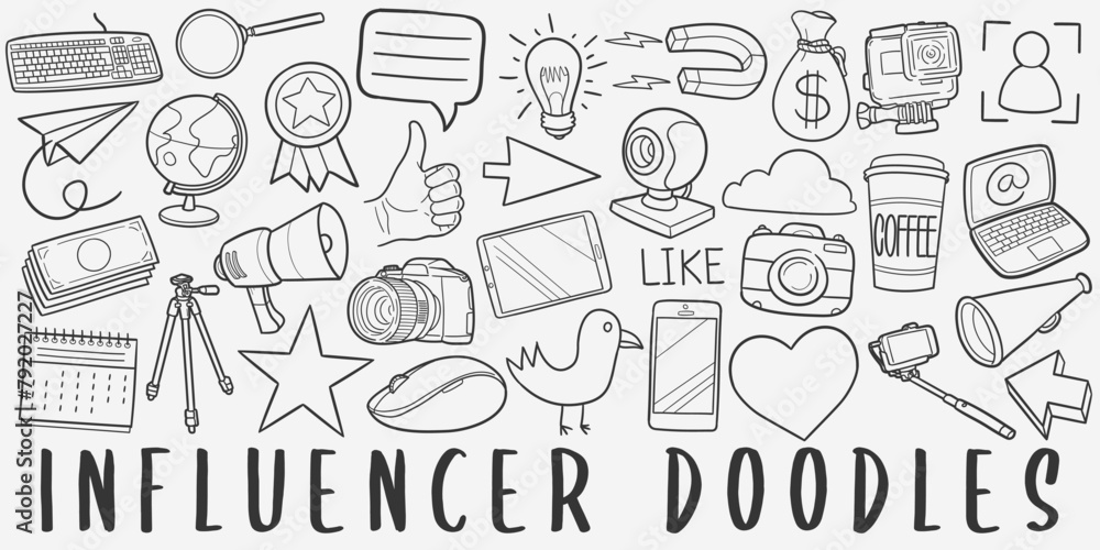 Influencer Doodle Icons Black and White Line Art. Internet Clipart Hand ...