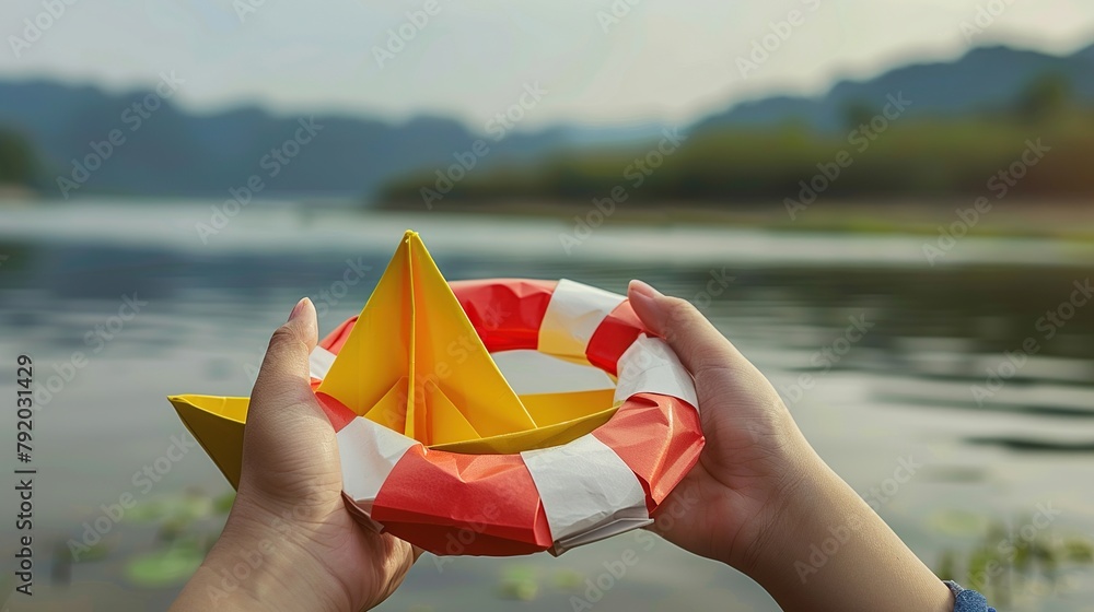 A yellow paper boat sits in water with an orange life preserver around ...