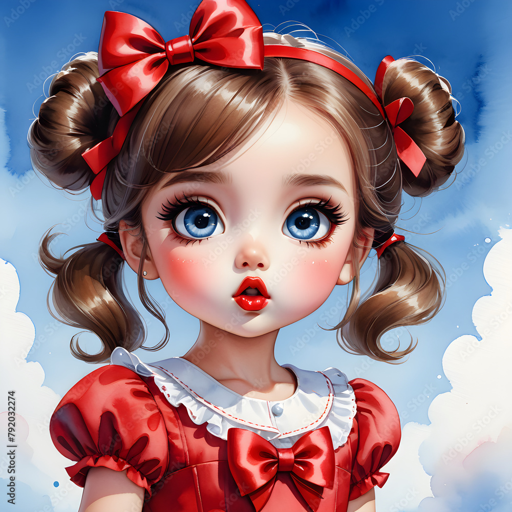 The girl with the red bow in her hair and a matching one on her face ...