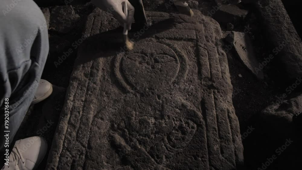 Archaeologists sweep away dust with a brush on a stone slab with a ...