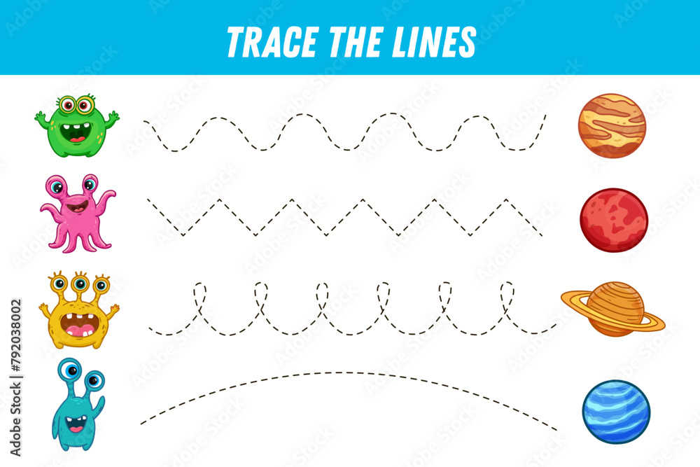 Tracing lines for kids. Cute cartoon monsters and planets. Handwriting ...