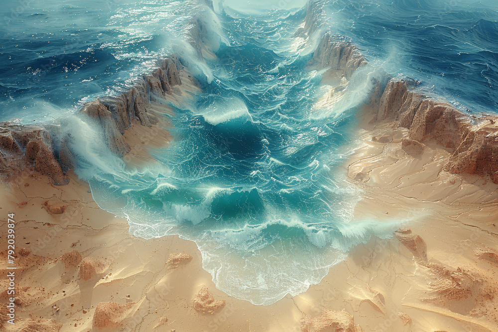 The meeting point of a tsunami and a desert, showing the collision of ...