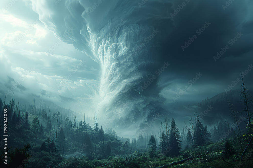 The meeting point of a tornado and a forested area, depicting the ...