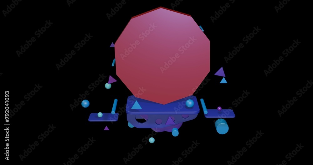 Red decagon symbol on a pedestal of abstract geometric shapes floating ...