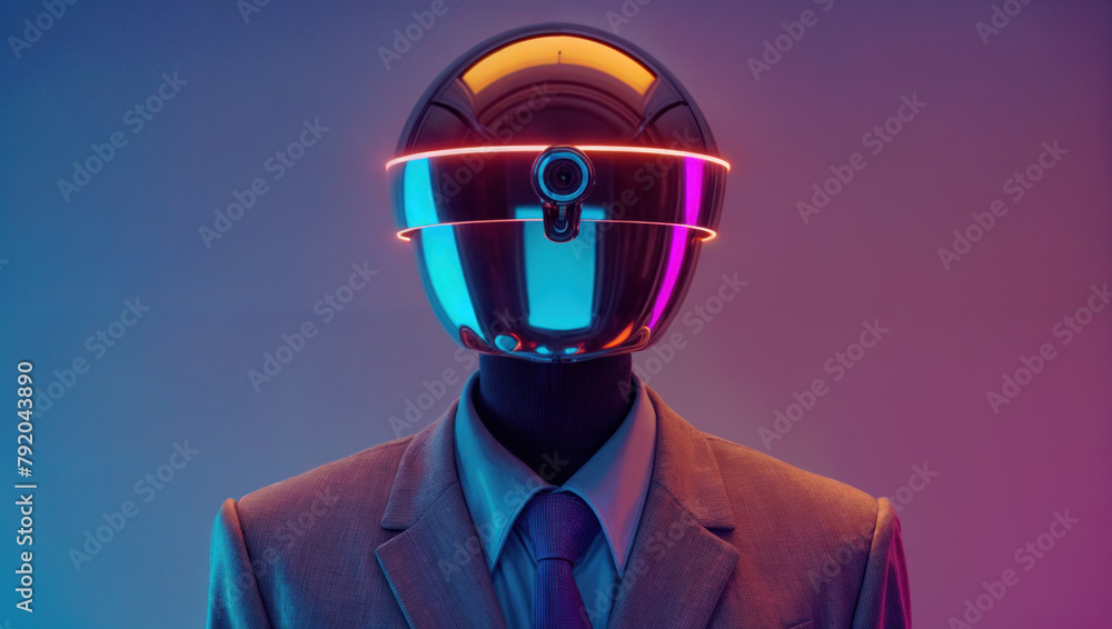 Robot head in a suit with neon lights gradient blue background ...
