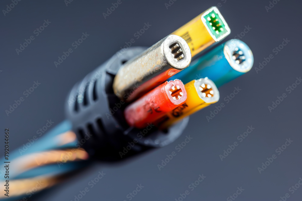 A bundle of wires with different colors and numbers. The wires are ...
