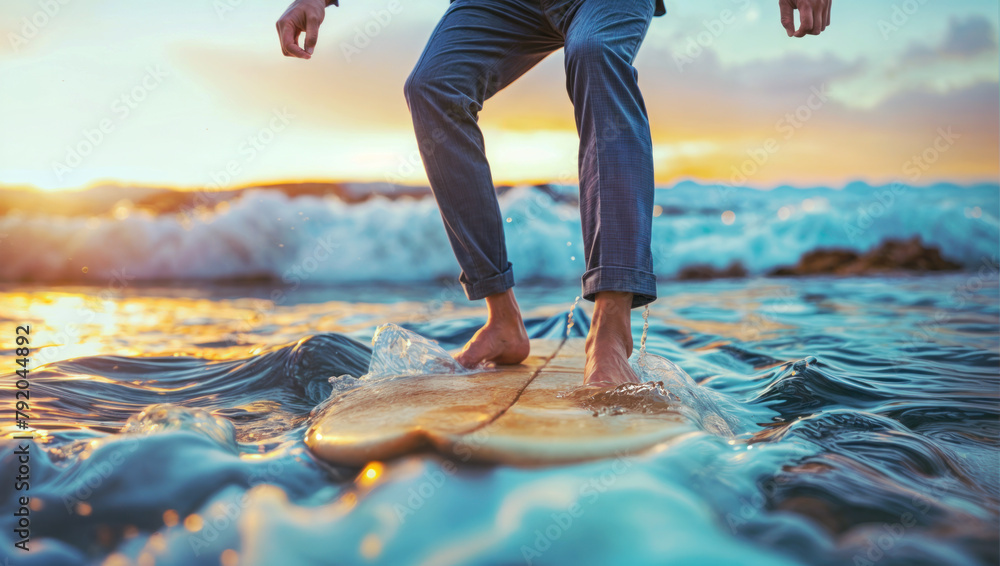 Confident Businessman Rides Surfboard in Ocean. Leadership and Balance ...