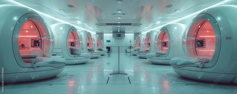 Futuristic robotics lab with sleek, modern sleeping pods in a high-tech ...