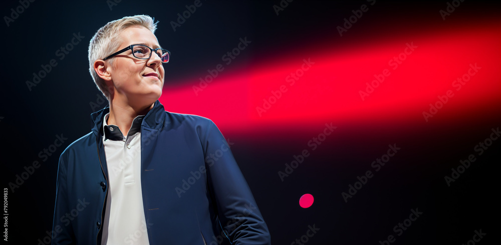 Male Speaker Delivering a Keynote Speech on a Stage with Dramatic Red ...