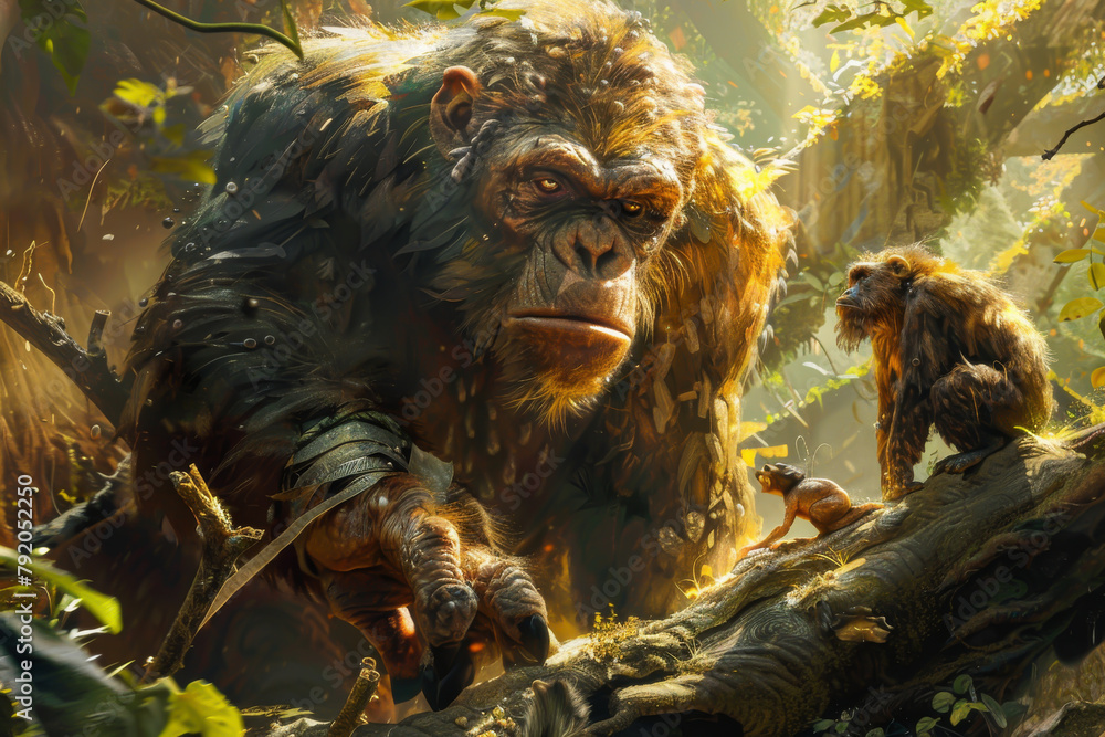 A large gorilla is shown with two smaller monkeys. The scene is set in ...