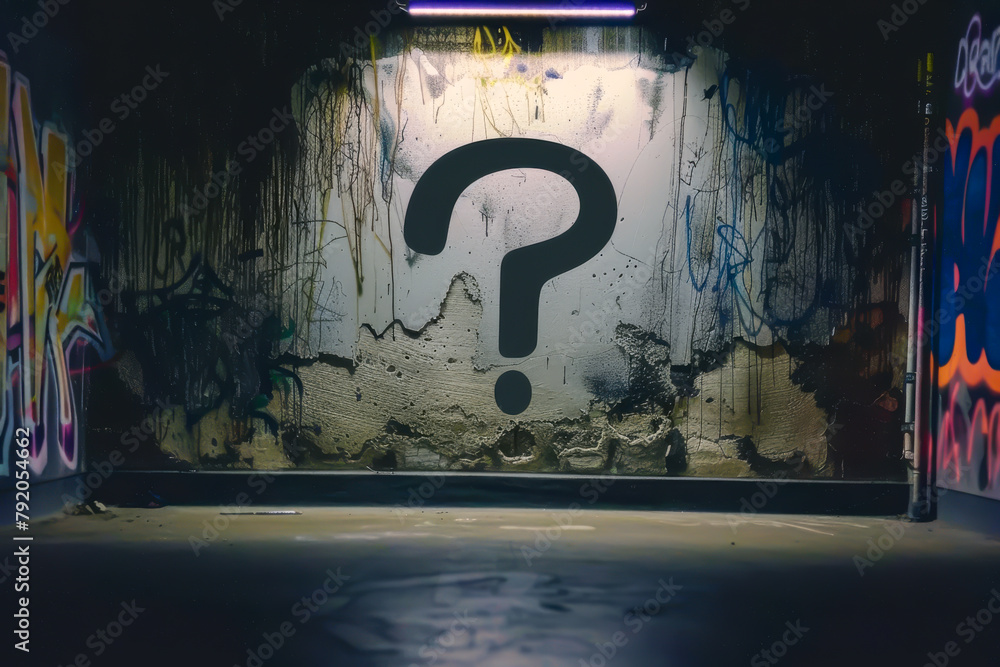 A graffiti covered wall with a large question mark on it. The wall is ...