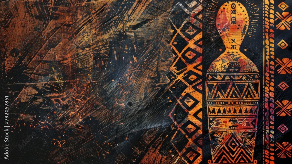 Abstract tribal art depiction on dark background - This image features ...