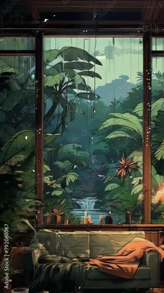 Cozy living room rainy atmospheric forest lo-fi, zoom background screen ...