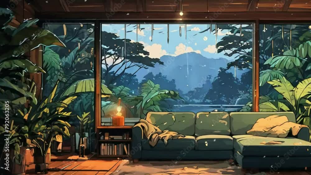 Cozy living room rainy atmospheric forest lo-fi, zoom background screen ...