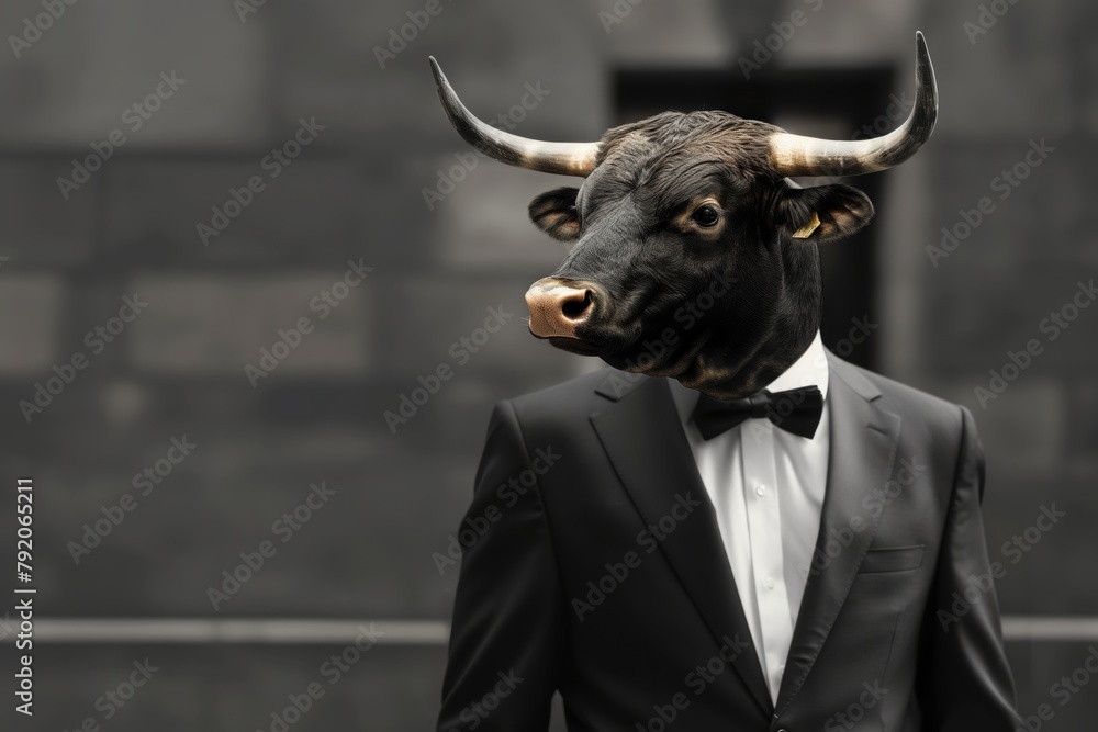 Bull businessman in a stylish classic suit posing in Wall Street ...