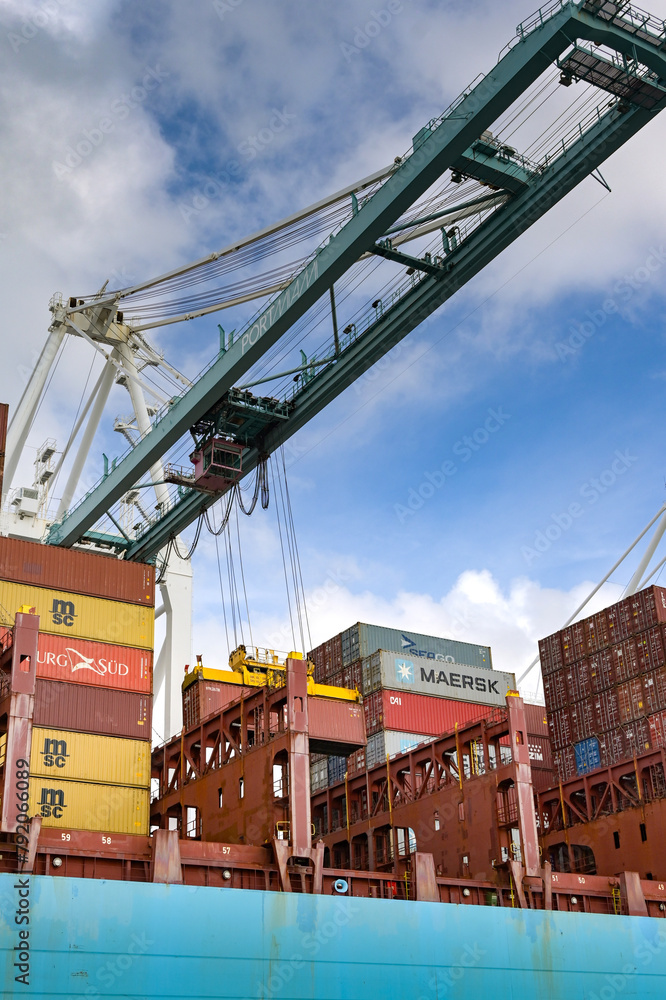 Miami, Florida, USA - 1 December 2023: Dockside crane with shipping ...