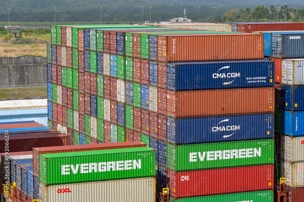 Colon, Panama - 22 January 2024: Shipping containers stacked high on a ...