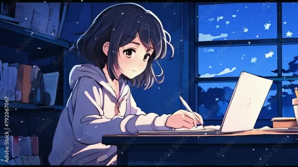 A cartoon lo-Fi girl style a student does her homework at night scene ...