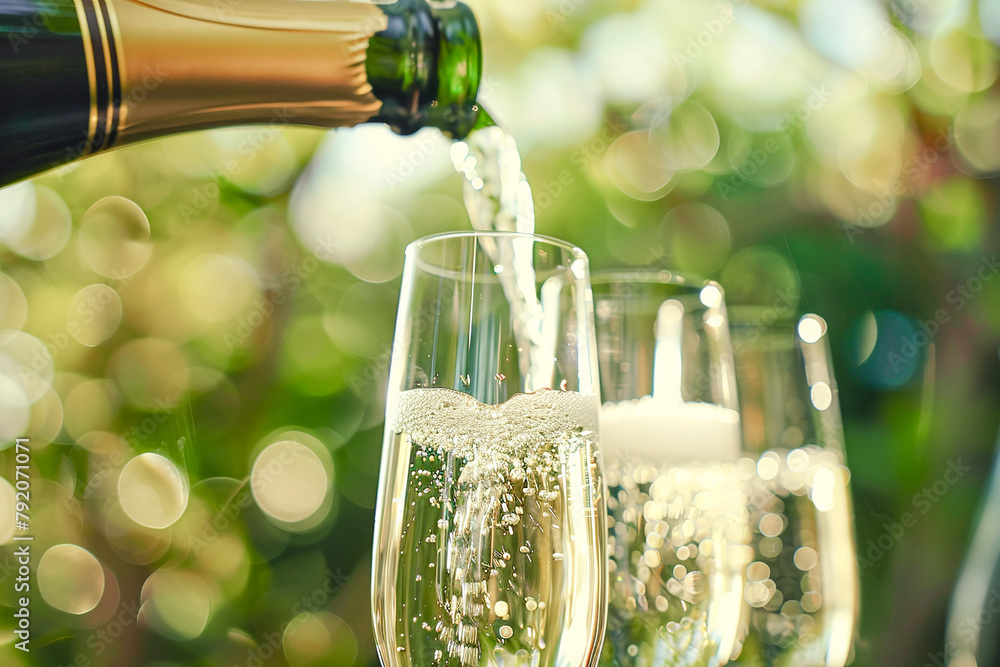 Champagne Sparkling wine Prosecco is poured into Glasses afterward and ...