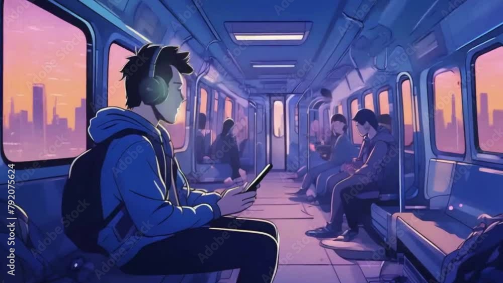 POV listening music in subway train lo fi animated cartoon background ...