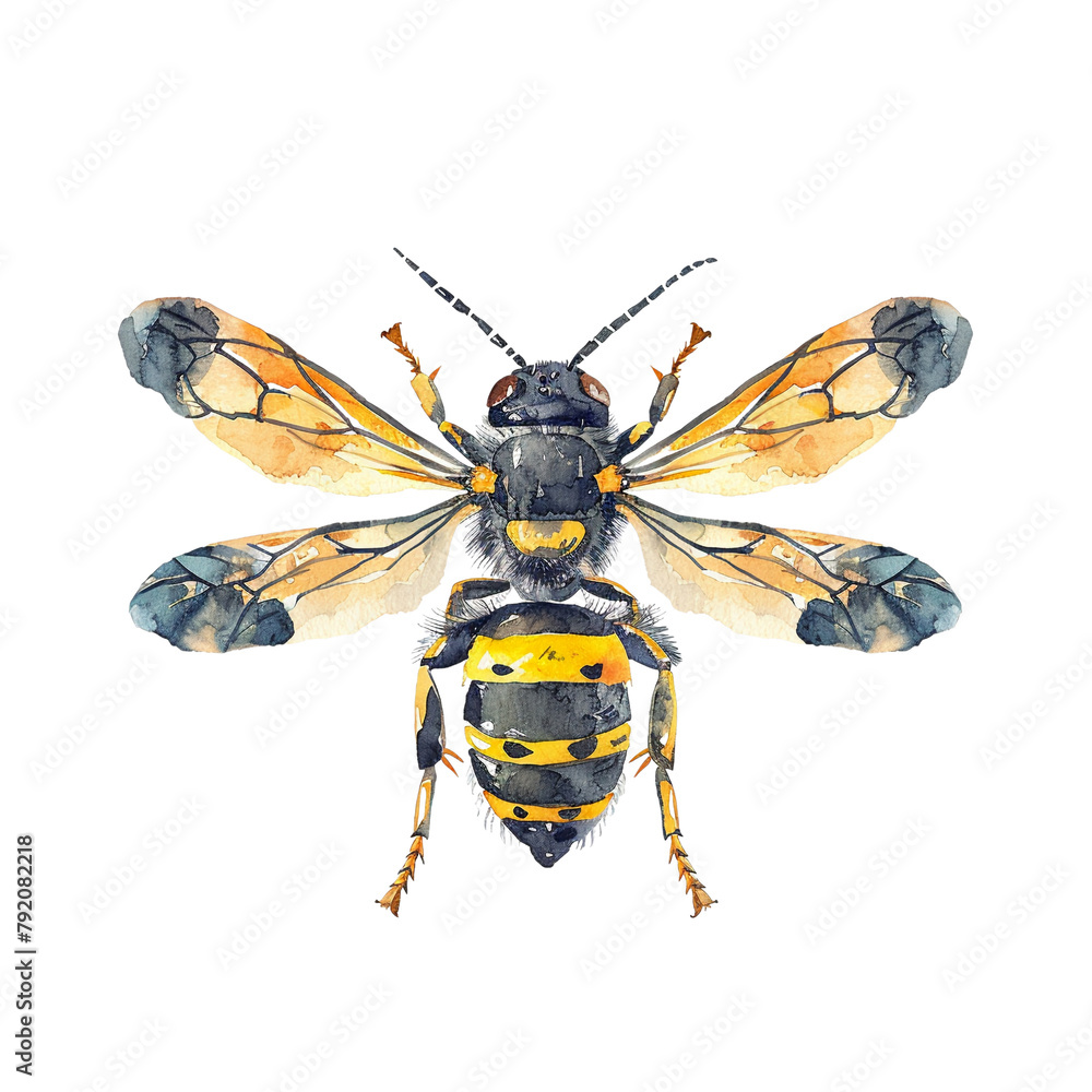 A yellow and black striped bee with black and yellow spots on its back ...