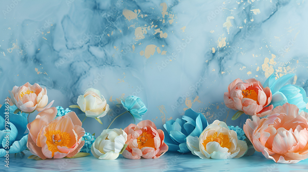 Foto de fondo con textura en tonos azules calidos de flores peonias y ...