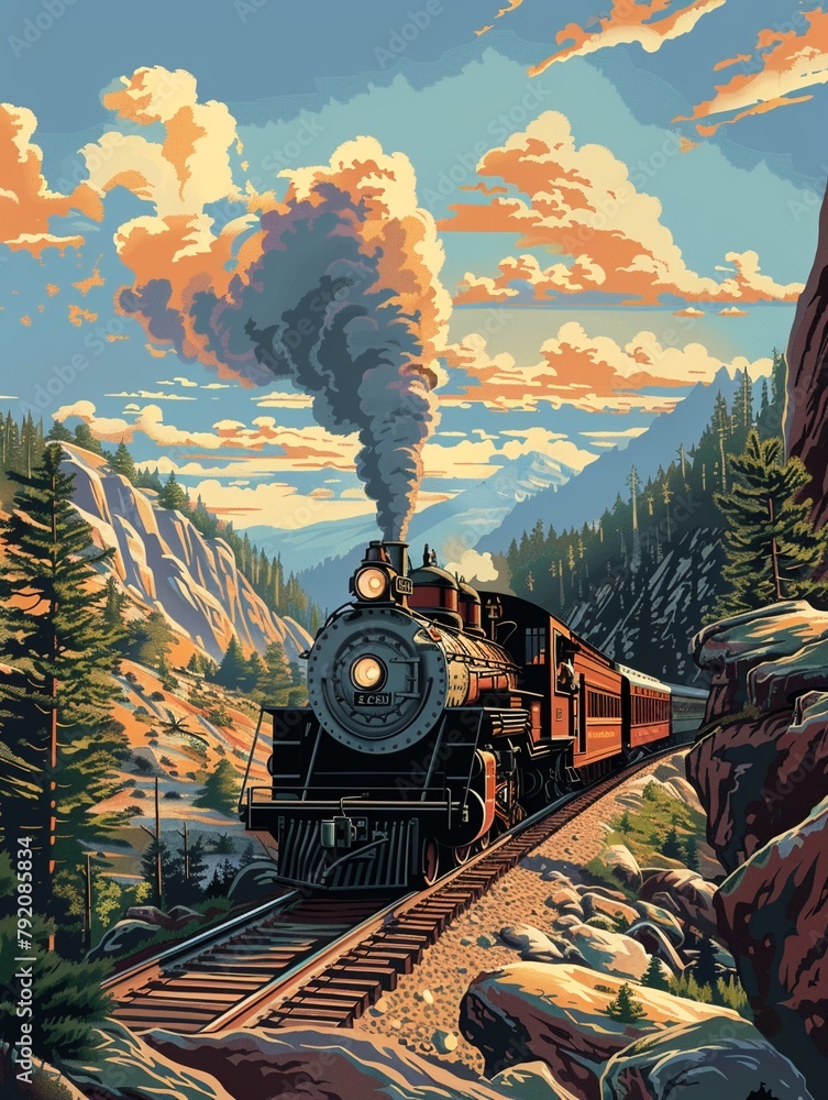 Vector illustration of a vintage train journey through the Rocky ...