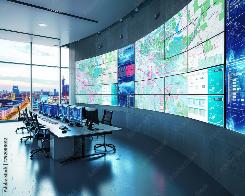 Futuristic security control room interior with large curved display and ...