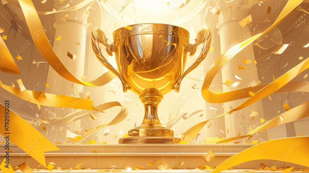 The gleaming golden trophy cup stands as a powerful symbol of victory ...