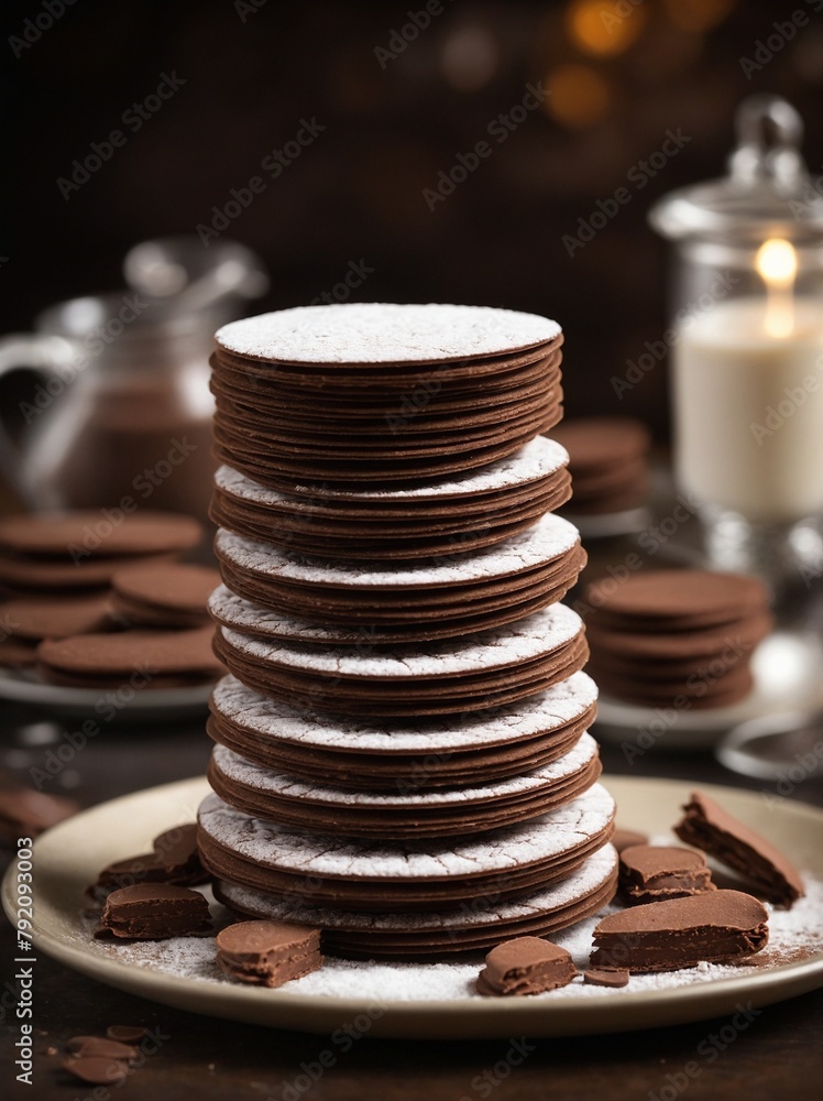 Stack of chocolate cookies with white cream filling takes center stage ...