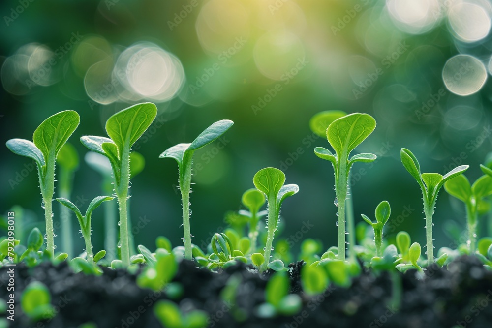 Small young green seedlings just sprouted from seeds, plantation ...