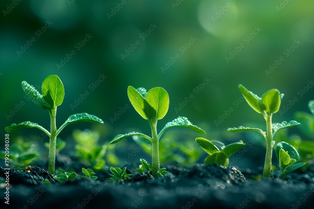Small young green seedlings just sprouted from seeds, plantation ...