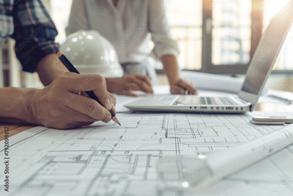 A closeup shows two architects working on blueprints, with one holding ...