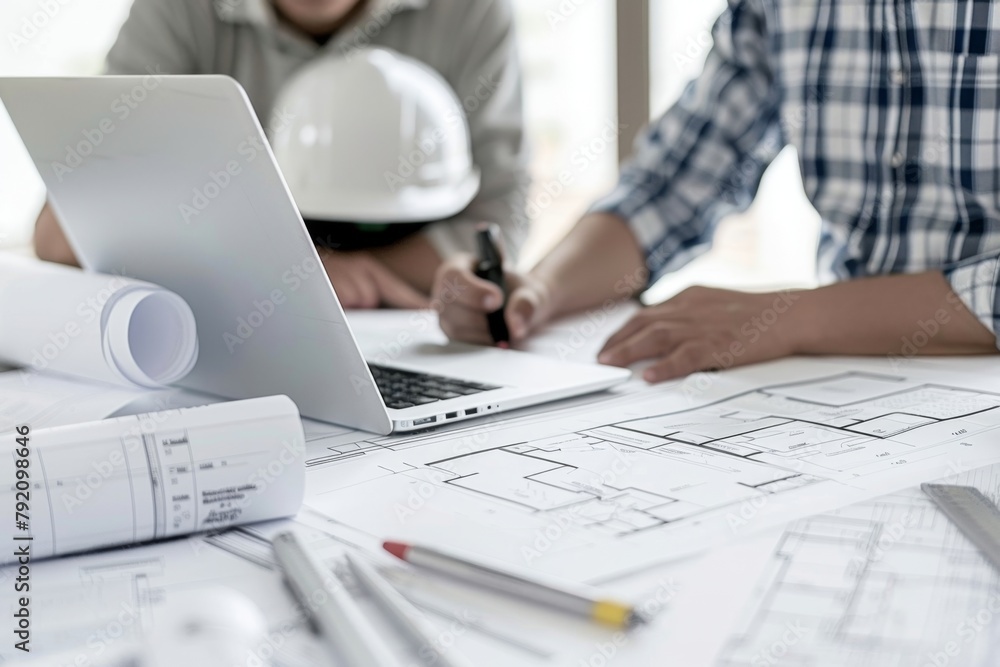A close-up photo shows two people working on blueprints One person is ...