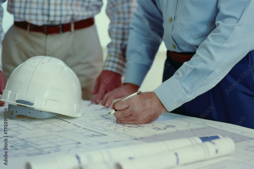 Close up photo of two people working on blueprints and architectural ...
