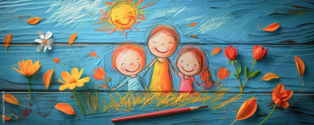 Drawing by crayons background of a happy family. Concept of banner ...