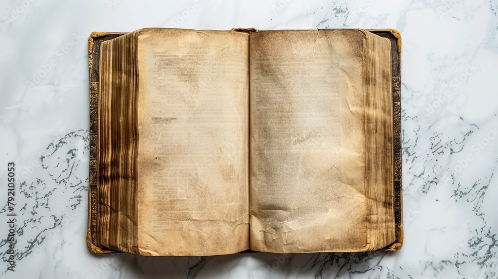 Illustration of an antique open book with blank pages on a white marble ...