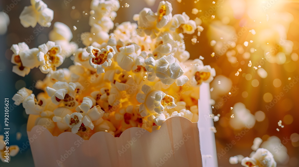 An explosion of air popcorn in a paper bag on a dark background with ...